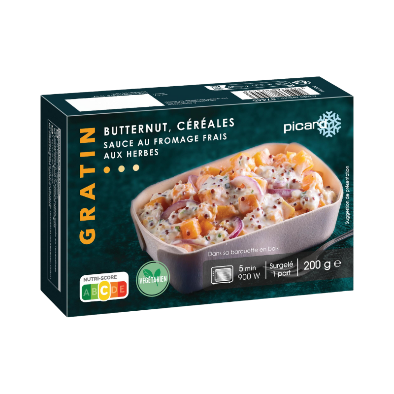 Gratin de courge butternut, céréales, sauce au fromage frais aux he ...